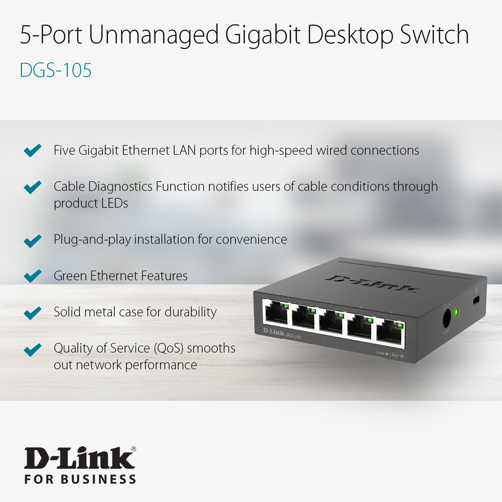 D-Link 5-Port Unmanaged Gigabit Metal Desktop Switch - DGS-105 – D-Link ...